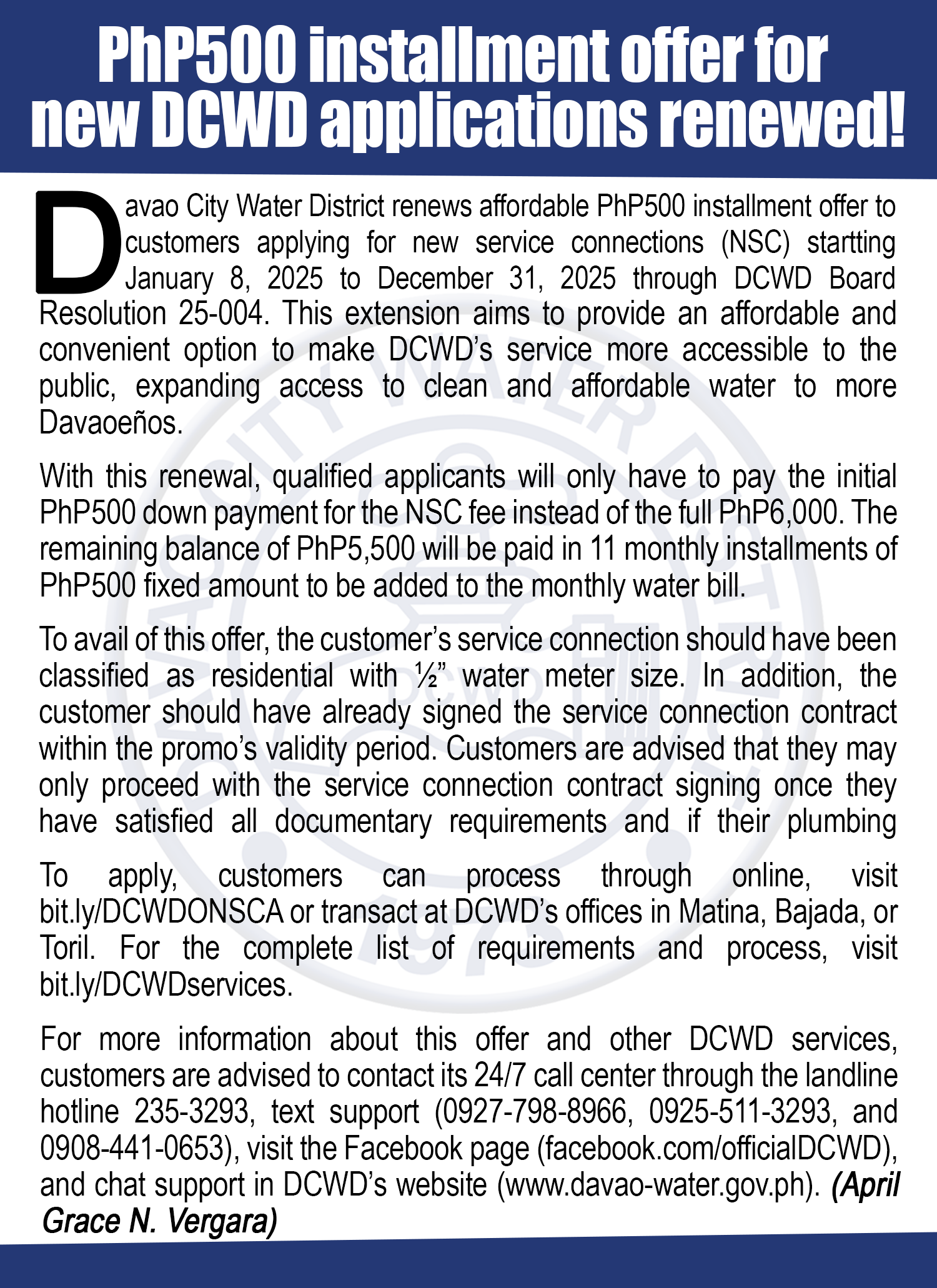 PhP500 installment offer for new DCWD applications renewed! - Mindanao ...